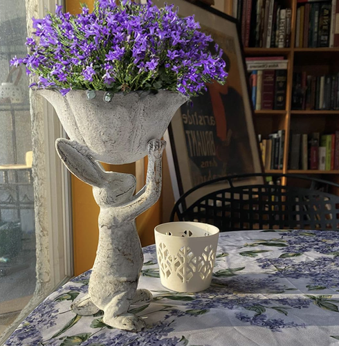 Garden Statue 9" Antique White Cast Iron Rabbit w/Flower Planter, Bird ...