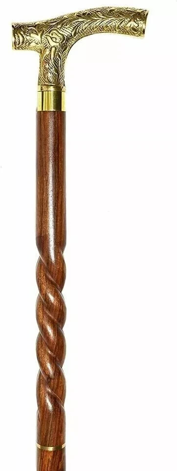 Twisted Wooden Walking Cane Antique 3 Fold Brown Bala… - Gem