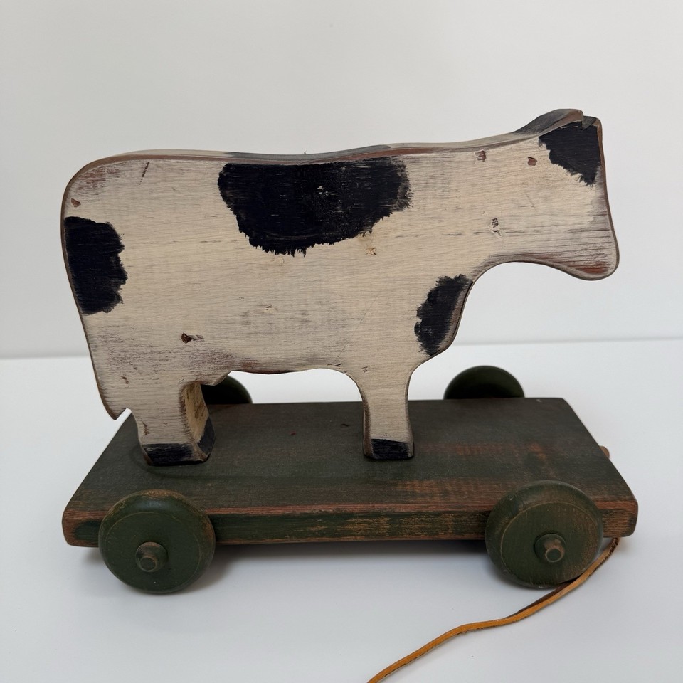 Vintage Carved Wooden Cow Folk Art Pull Toy with Wheels Leather String ...