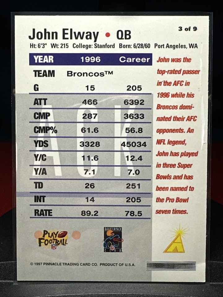 1997 PINNACLE - QUARTERBACK CLUB - JOHN ELWAY BRONCOS #3 OF 9 | eBay UK