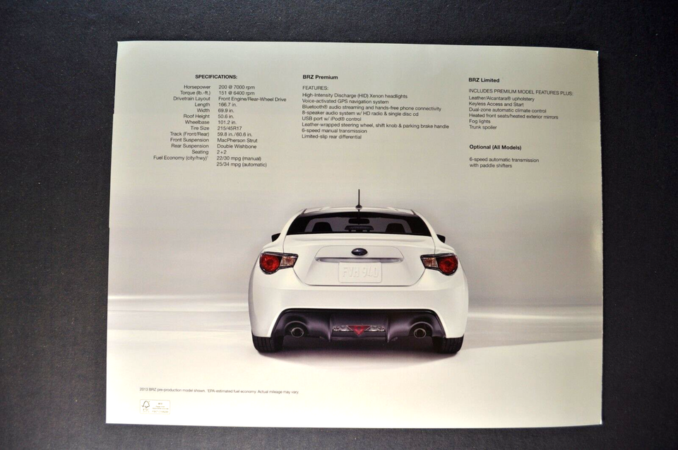 2013 Subaru BRZ Coupe Sales Brochure Folder Excellent Original 13 | eBay