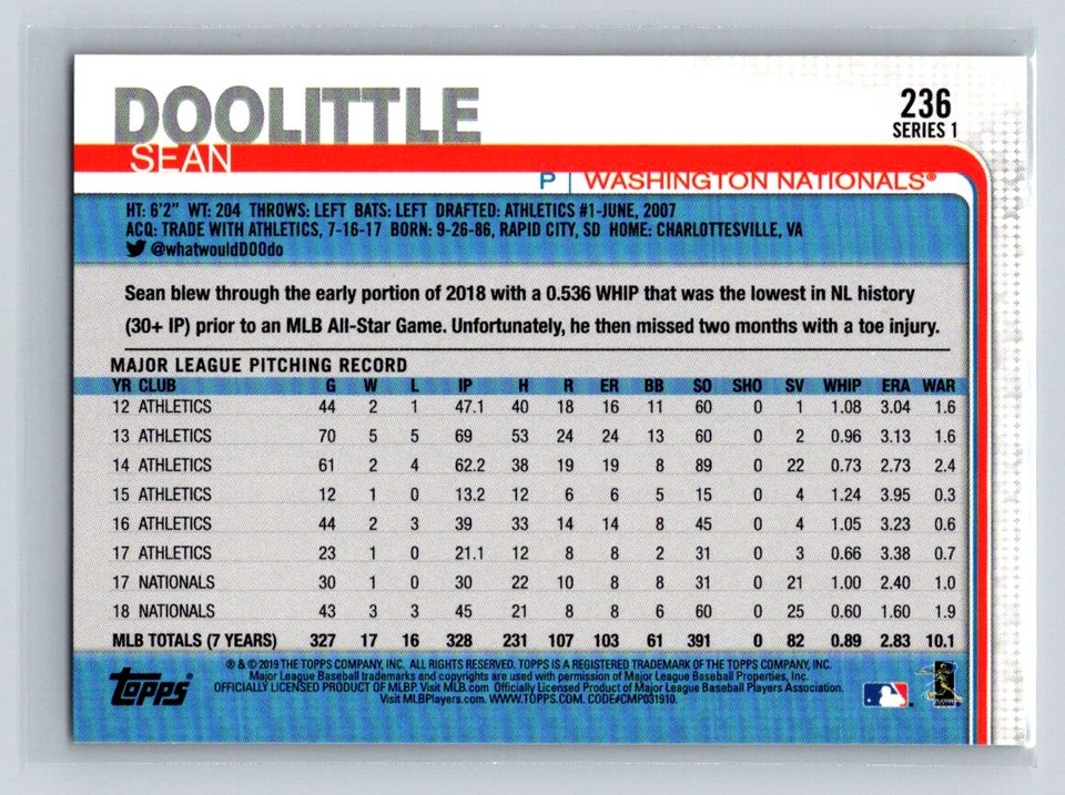 2019 Topps #236 Sean Doolittle Washington Nationals | eBay