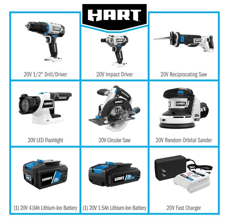 HART 20-Volt 6-Tool Combo Kit w/ 2 Batteries - Drivers, Saws ...