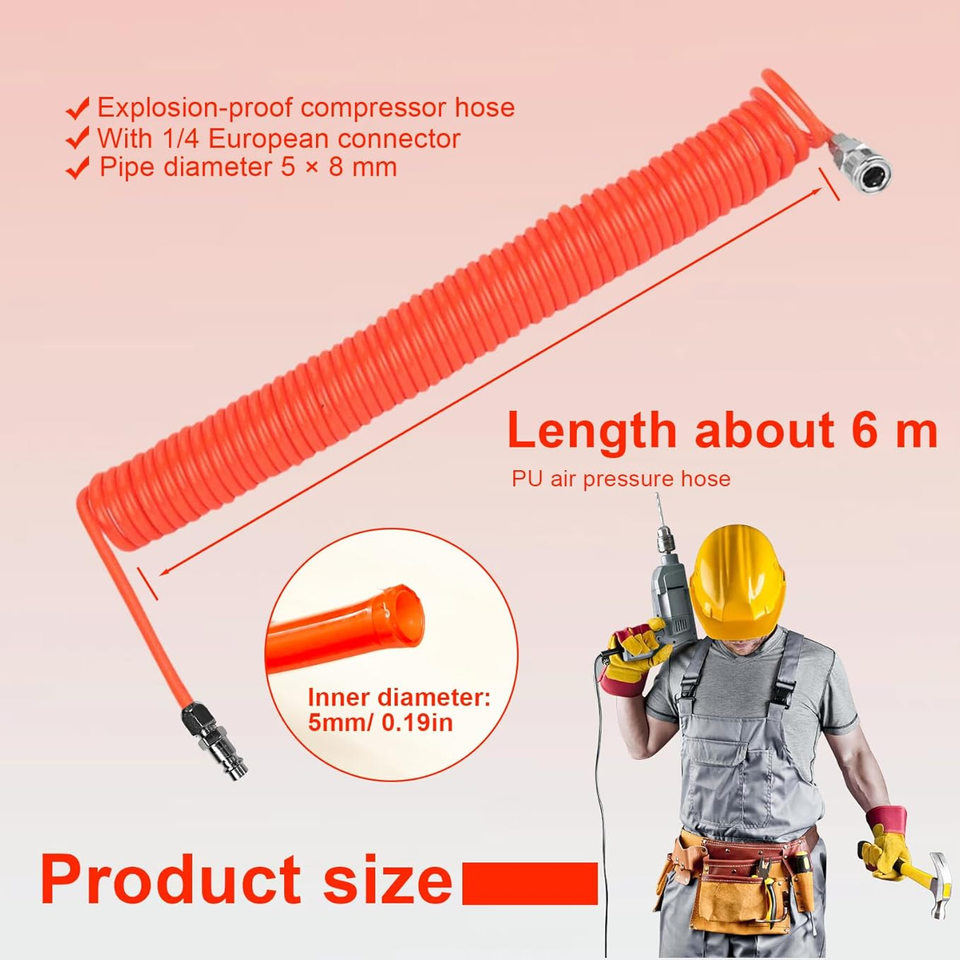 🔥2PCS 6M 1/4" Flexible Compressor Air Line Hose Recoil Coiled Europe ...