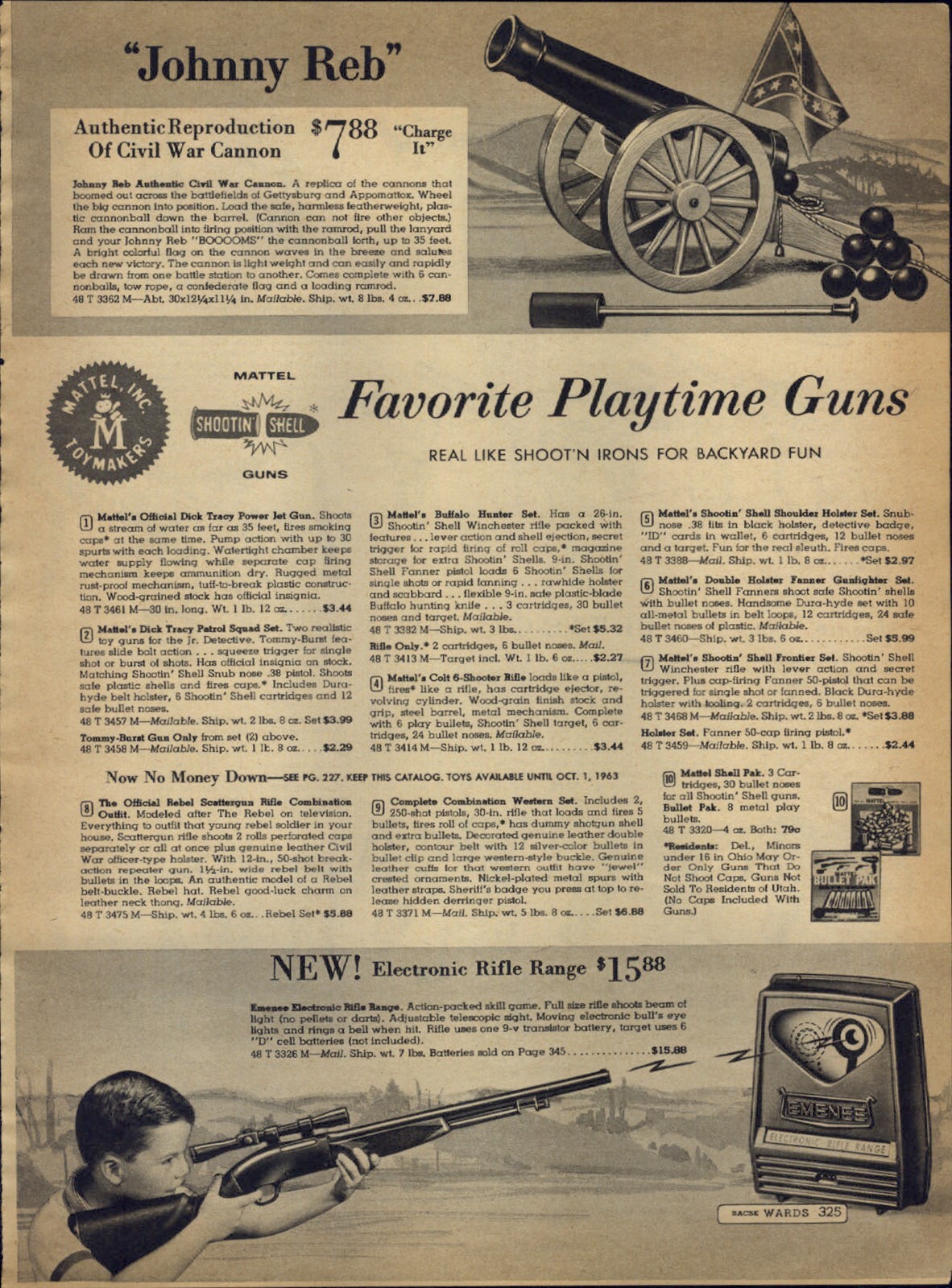 1963 PAPER AD 3PG COLOR Mattel Dick Tracy Gun Johnny Reb Cannon Rifle ...