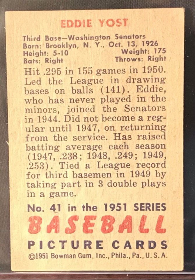 1951 Bowman #41 Eddie Yost Senators | eBay