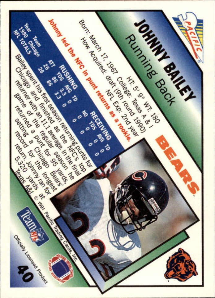 1991 Pacific Football Card #40 Johnny Bailey UER | eBay