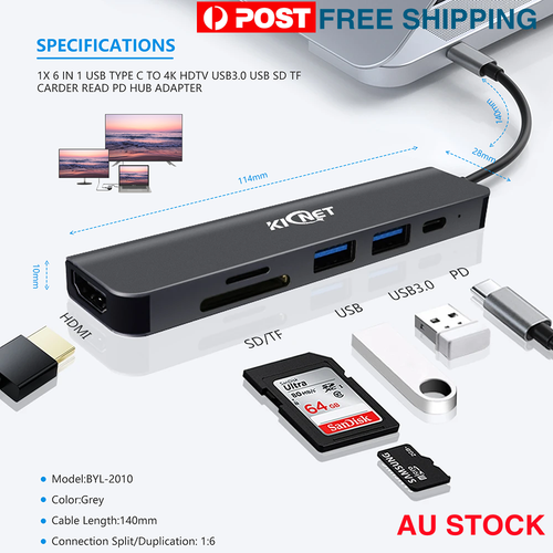 6 IN 1 USB Type C to 4K HDTV USB3.0 USB SD TF Carder Read PD Hub ...