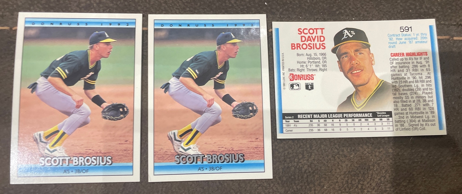 (3) 1992 Donruss #591 Scott Brosius Oakland Athletics Baseball Cards ...