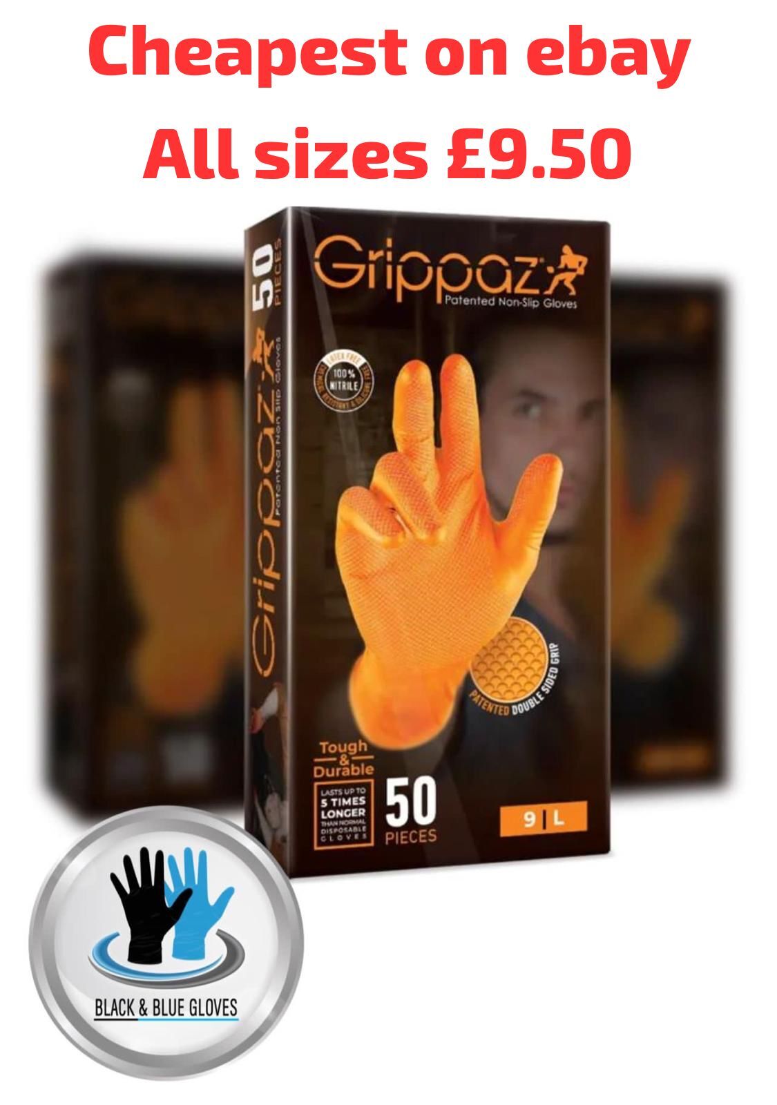GRIPPAZ DISPOSABLE NITRILE GRIP GLOVES PACK OF 50, ALL SIZES £9.50 ...