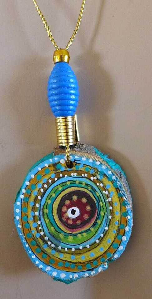 Handmade Necklace Art Wooden Painted Round Mandella with Beads Gold ...