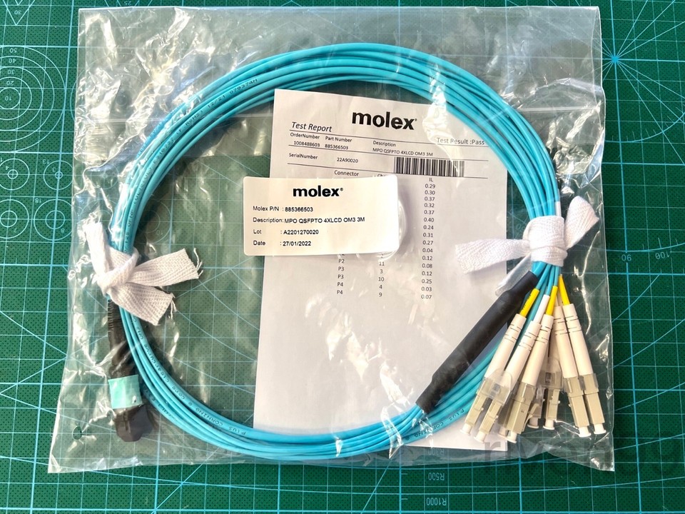 MOLEX QSFP MPO/MTP 8F to 4x LC Fiber Optic Breakout Cable, Multimode ...