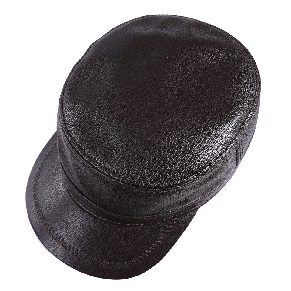 Men's Flat Top Cap Real Sheepskin Leather Military Style Caps Cadet ...