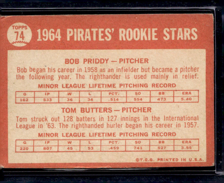 1964 Topps #74 1964 Pirates Rookie Stars - Bob Priddy / Tom Butters RS ...