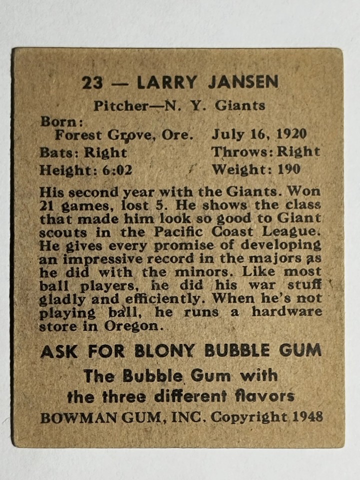 1948 Bowman #23 Larry Jansen RC (VG) | eBay