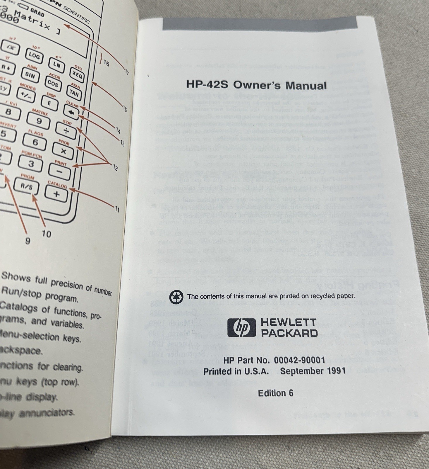 Hewlett Packard HP-42S RPN Scientific Calculator Owners Manual Edition ...
