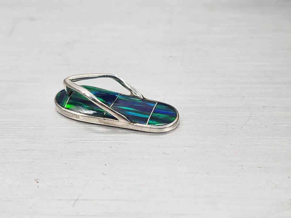 Sterling Silver .925 Signed RL Flip Flop Sandal Blue Opal Inlay Pendant ...
