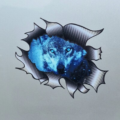 Grey Wolf & Blue Eyes Ripped Carbon Fibre External Vinyl Sticker Decal ...