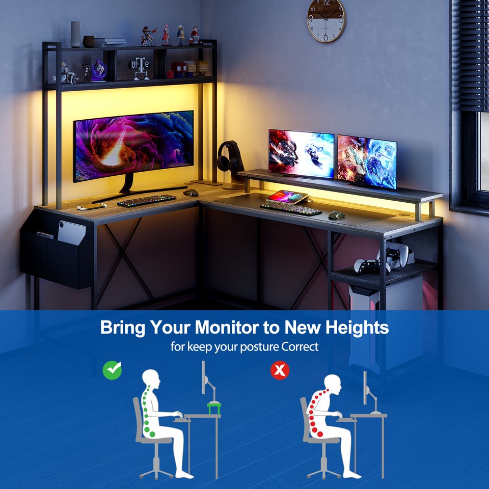 Storage Shelves L Shaped LED Computer Gaming Desk PC Corner Office ...