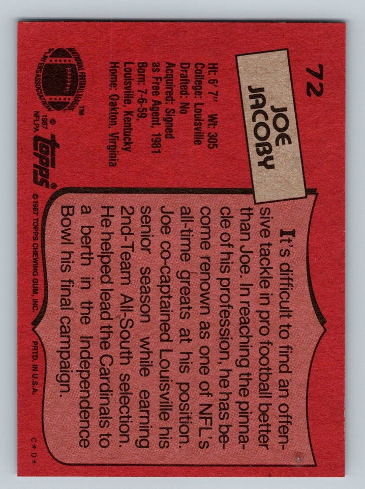 1987 Topps #72 Joe Jacoby Washington Redskins | eBay