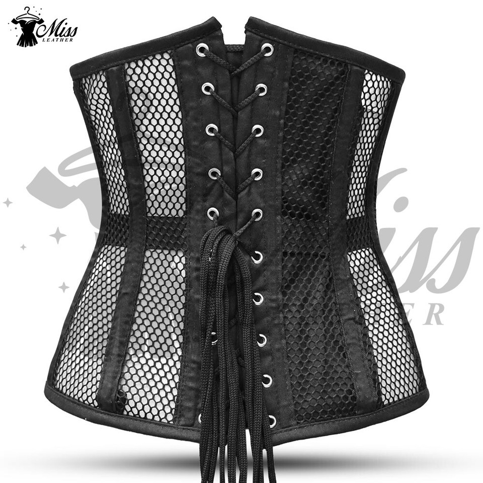 MISS LEATHER Long Torso Waist Trainer Black Mesh Underbust Steel Busk ...