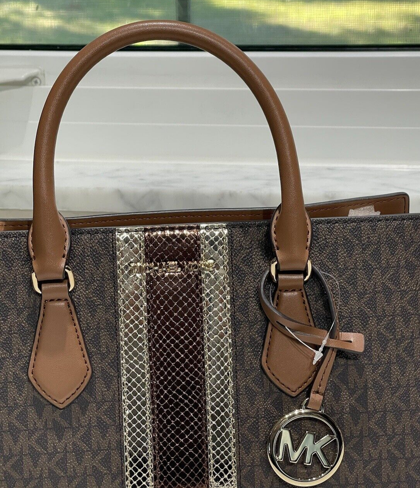 MICHAEL KORS SHEILA MEDIUM SATCHEL METALLIC MK BROWN LOGO GOLD SHOULDER ...