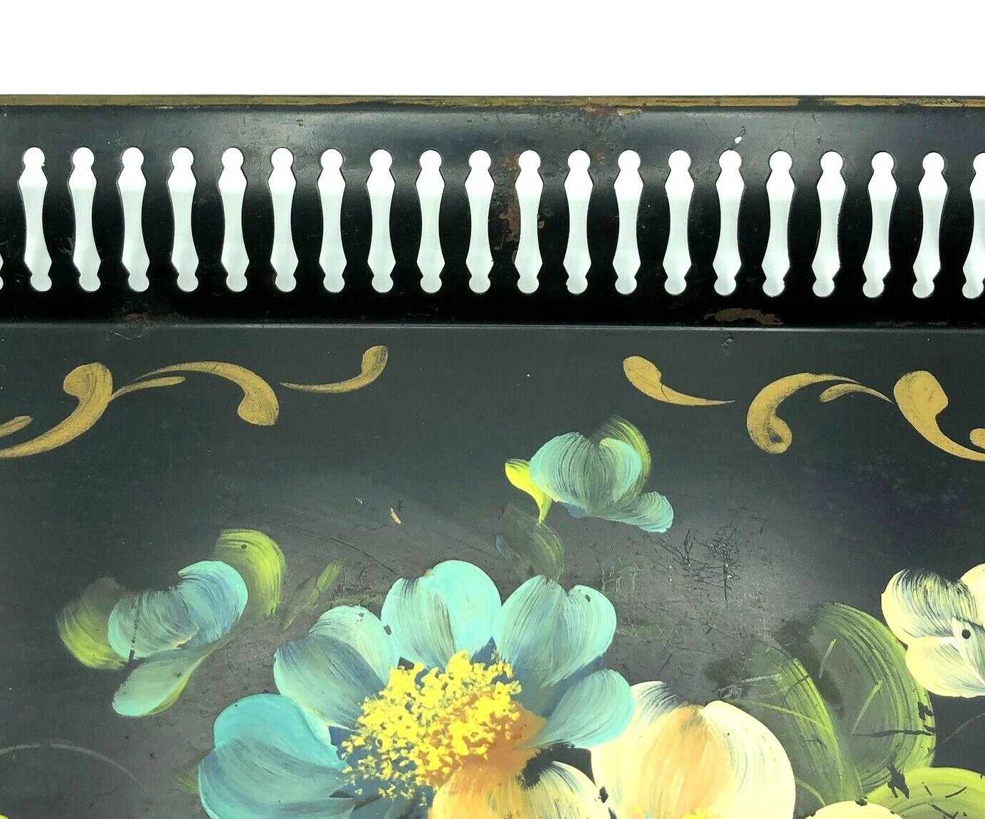 Vintage Hand Painted Large Tole Tray Floral 20x16 Pierced Edge ...