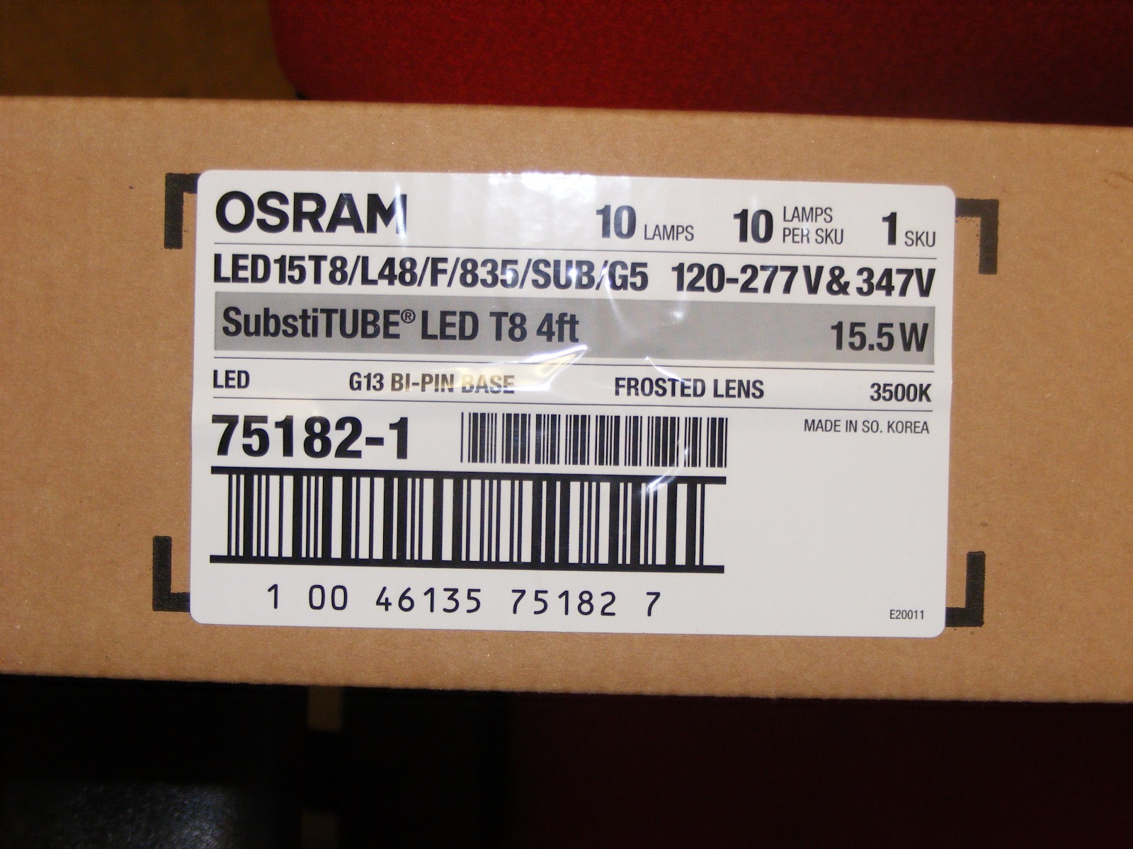 BOX OF 10 OSRAM SYLVANIA 75182 LED15T8/L48/F/835/SUB/G5 3500K GLASS ...