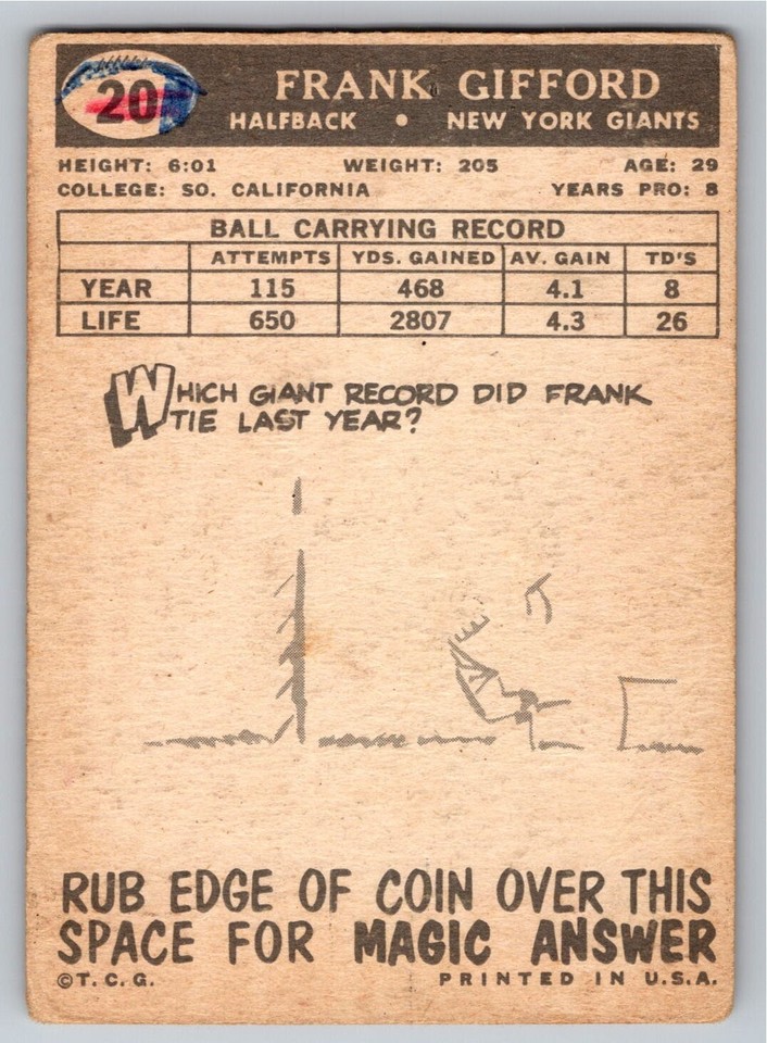 1959 Topps #20 Frank Gifford NFL New York Giants HOF | eBay