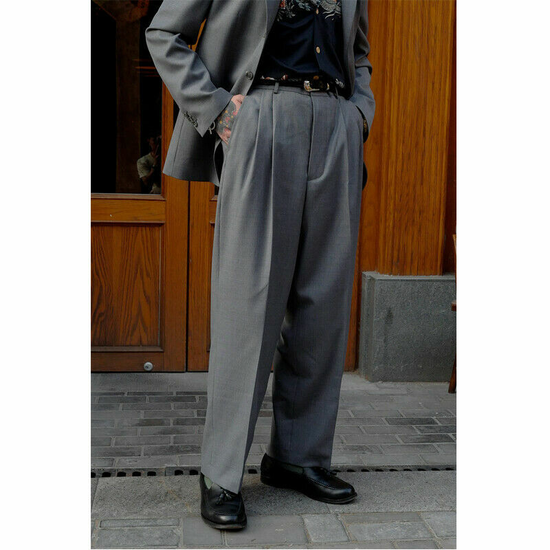Vintage Classic Loose Wide-Leg Trousers Straight Pleated Mens Pants ...