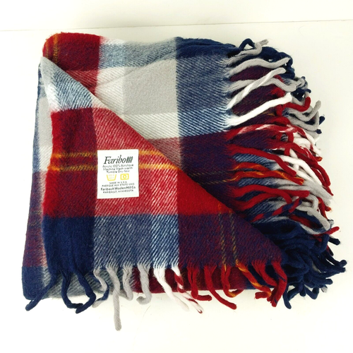 Vintage Faribo Plaid Stadium Throw Blanket Red White & Blue Acrylic 52 ...
