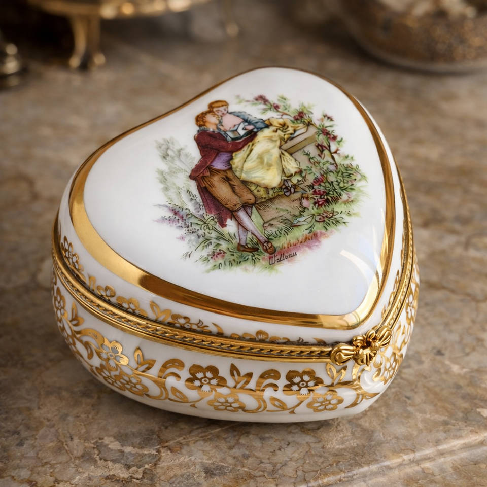 Vintage Porcelain Heart Trinket Box Romantic Hand Painted Gold Decor ...