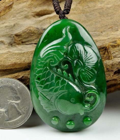 Natural Green Nephrite Jade Koi Fish Pendant Necklace Talisman w ...