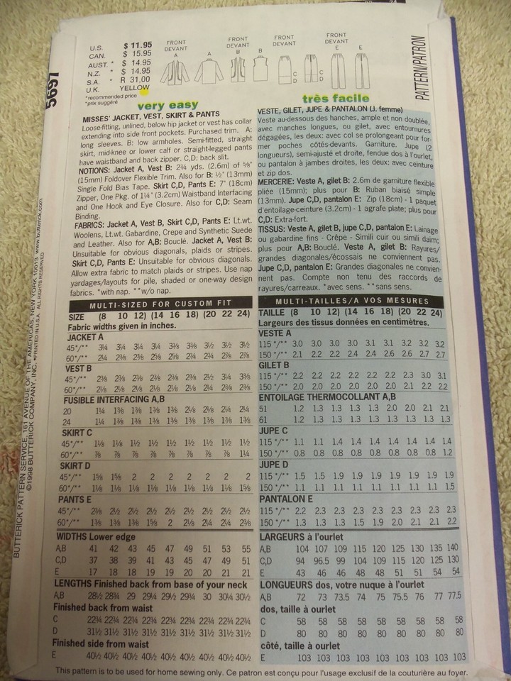 BUTTERICK 5697 MISSES JACKET, VEST, SKIRT & PANTS - SIZES 8 - 12 - FROM ...