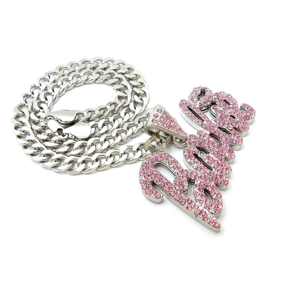 Women Gold Plated Pink Barbie Iced Cubic Zirconia Charm & Cuban Chain ...