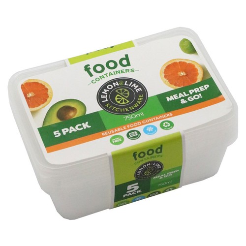 5pc Lemon & Lime Clear Reusable 750ml Plastic Storage Food 17cm ...