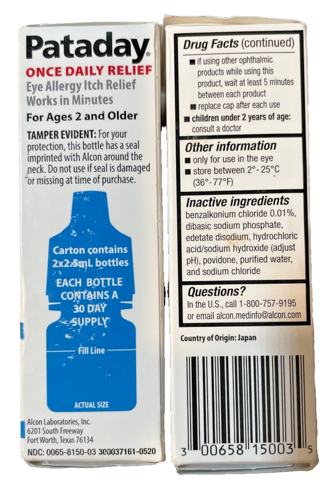 Alcon Pataday Once Daily Relief Eye Allergy Itch Relief (4) 2.5ml ...