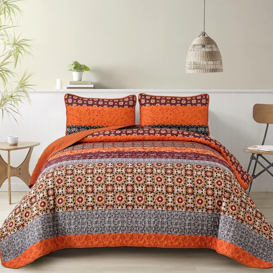 Boho Quilt Set King,Fall Burnt Orange Bohemian Striped Patchwork ...