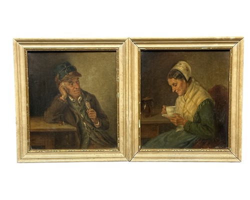 Pair (2) Antique GERMAN Lady & Gentleman w/ Pipe PUB SCENE Old PORTRAIT ...