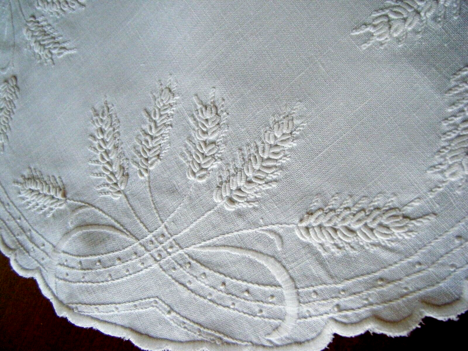 Victorian tablecloth heavy white linen 3D hand embr/ed wheat stalk ...
