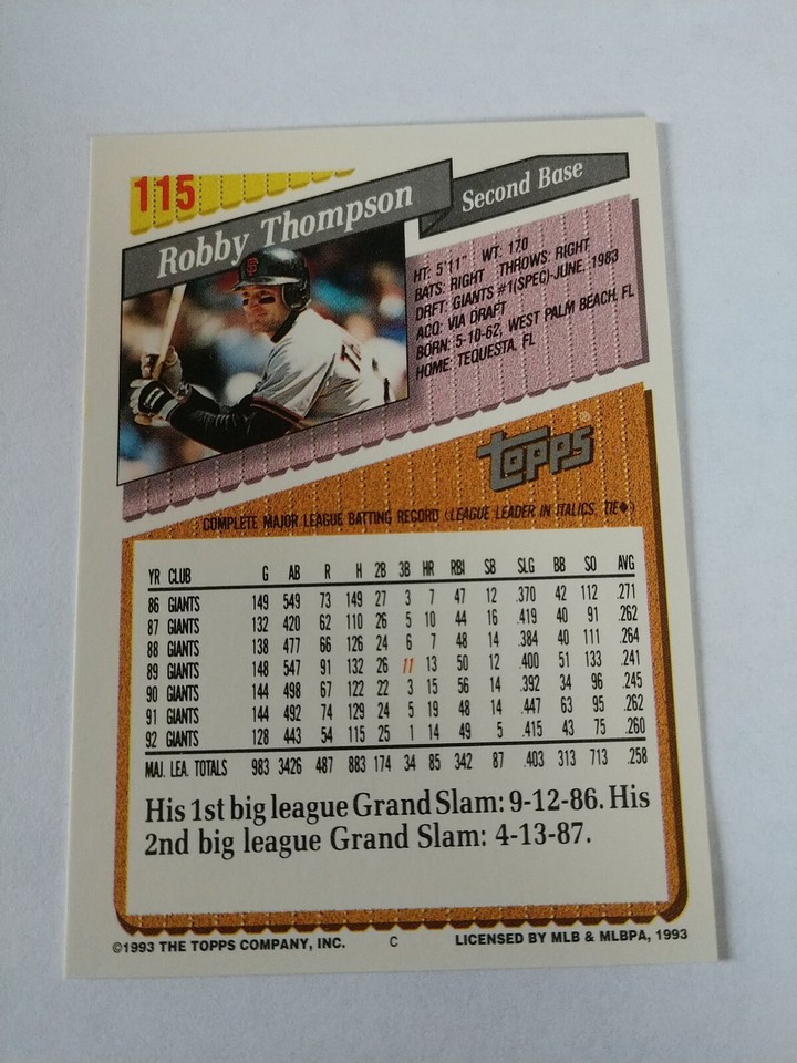 Robby Thompson #115 1993 Topps Baseball San Francisco Giants | eBay