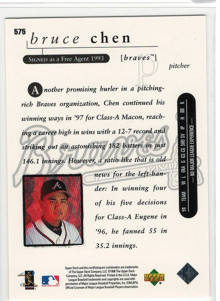 Bruce Chen 1998 Upper Deck #575 Rookie Card RC Braves | eBay