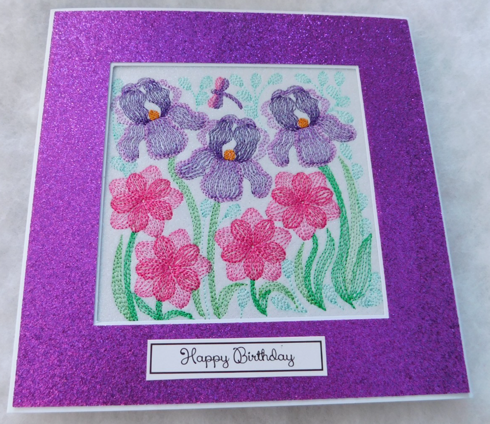 Birthday card machine embroidered handmade Iris & Flowers | eBay UK