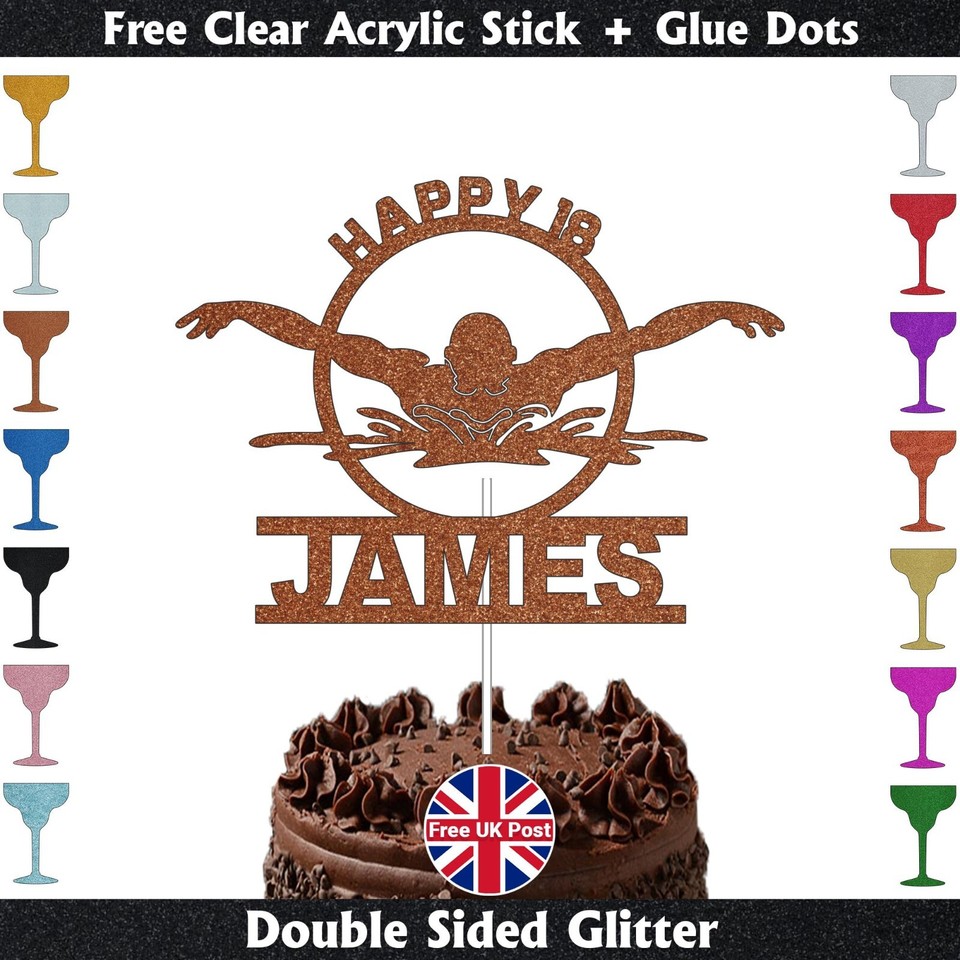 Swimmer Cake Topper Glitter Personalised Birthday Cake Decor Any Name ...