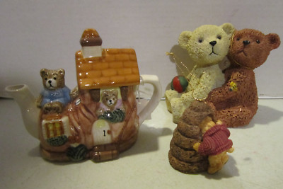 Vint porcelain TEA NEE mini Tea pot w bears in cottage, tag & certif ...