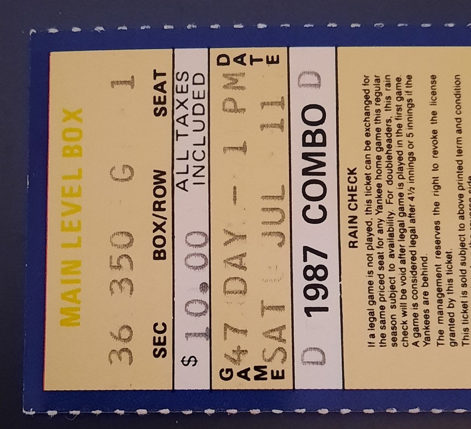 July 11, 1987 NY Yankees Ticket Stub Don Mattingly HR Streak #4 of 8 ...
