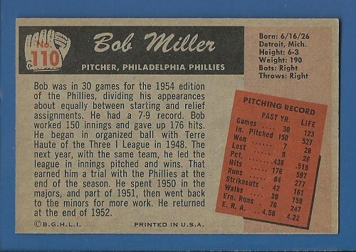 1955 BOWMAN # 110 BOB MILLER PHILADELPHIA PHILLIES EXMT+ | eBay