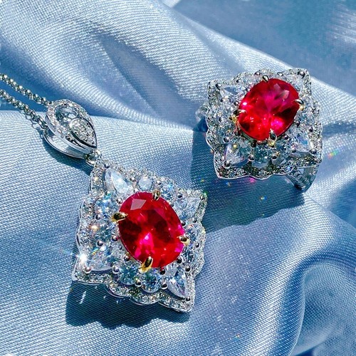 2pc Set Full Stone Fire Red Garnet Gems Luxury Women Girl Silver ...