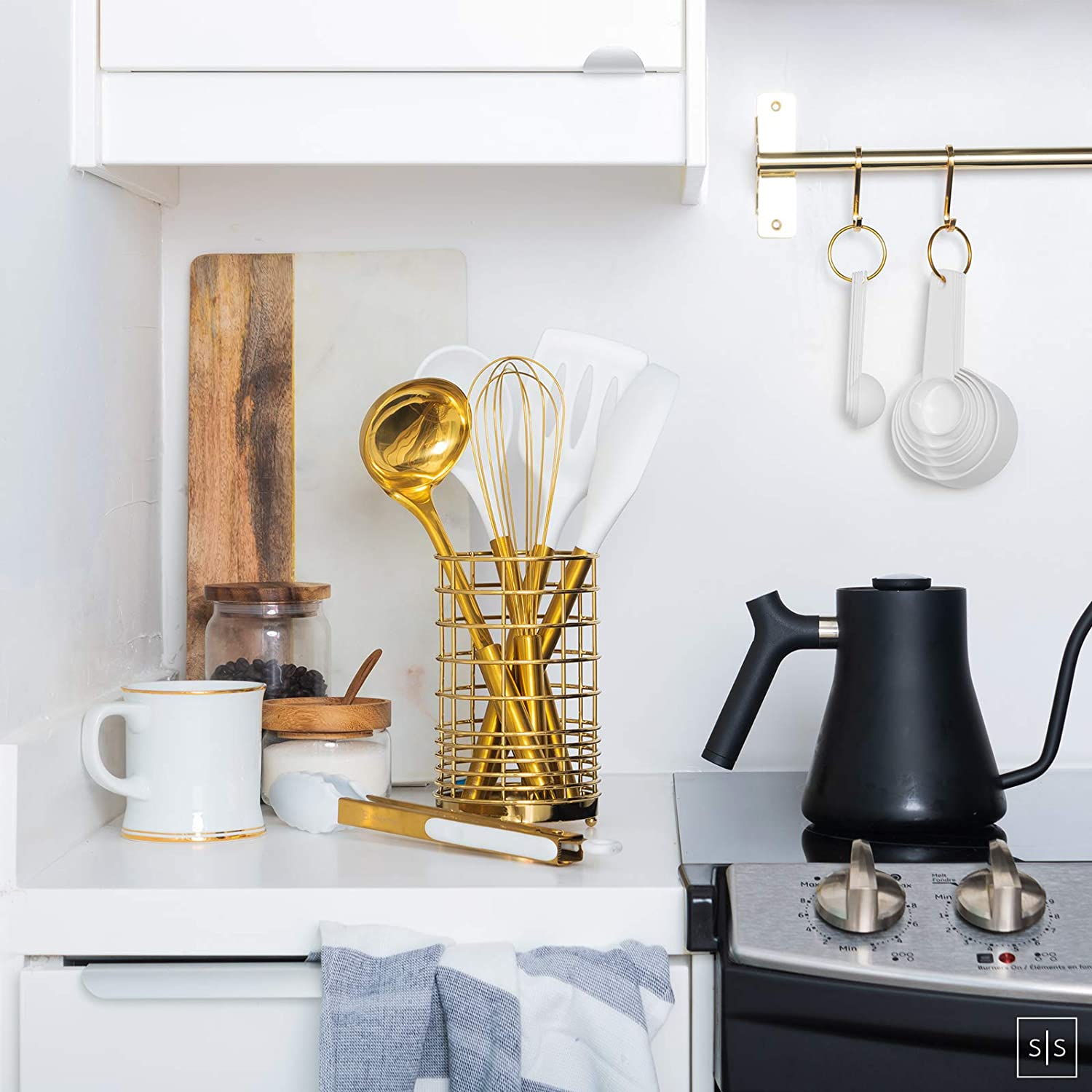 Gold Kitchen Utensils with Holder White Pink Gold White Copper Cooking ...