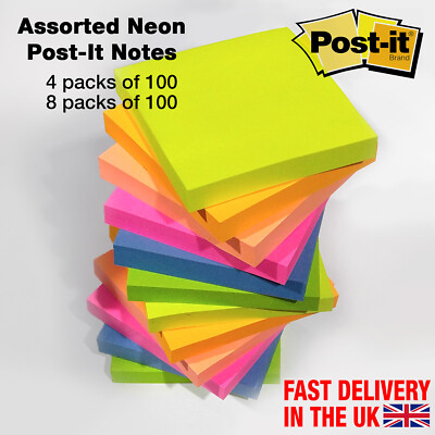 Assorted NEON Post It Note Removable Memo Sticky Note Pad 76mm x 76mm 3 ...
